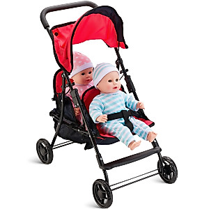 Hushlily® Tandem Double Doll Stroller with Adjustable Canopy & Basket, Foldable, with Smooth Rolling Wheels (Red & Blue)