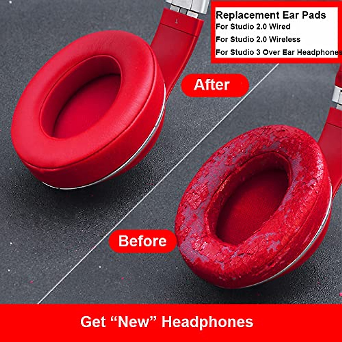 Replacement Earpad Cushions Kit Compatible with Beats Studio 2.0 Wired/Wireless Sutdio 3.0 Over-Ear Headphones Ear Pads Replacement (Red)