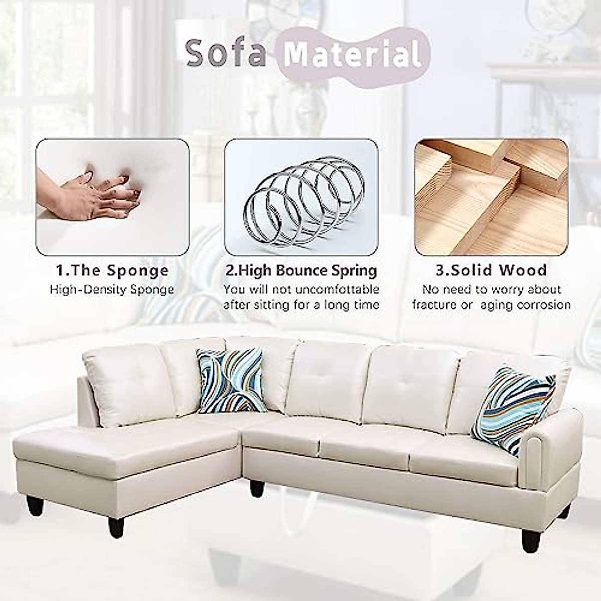 HOMVET Peaerl Faux Leather Sectional Sofa Furniture Set,L-Shape Couch with Left Chaise,Storage Ottoman,and 2 Pillows,for Living Room/Apartment/Office, Pearl White