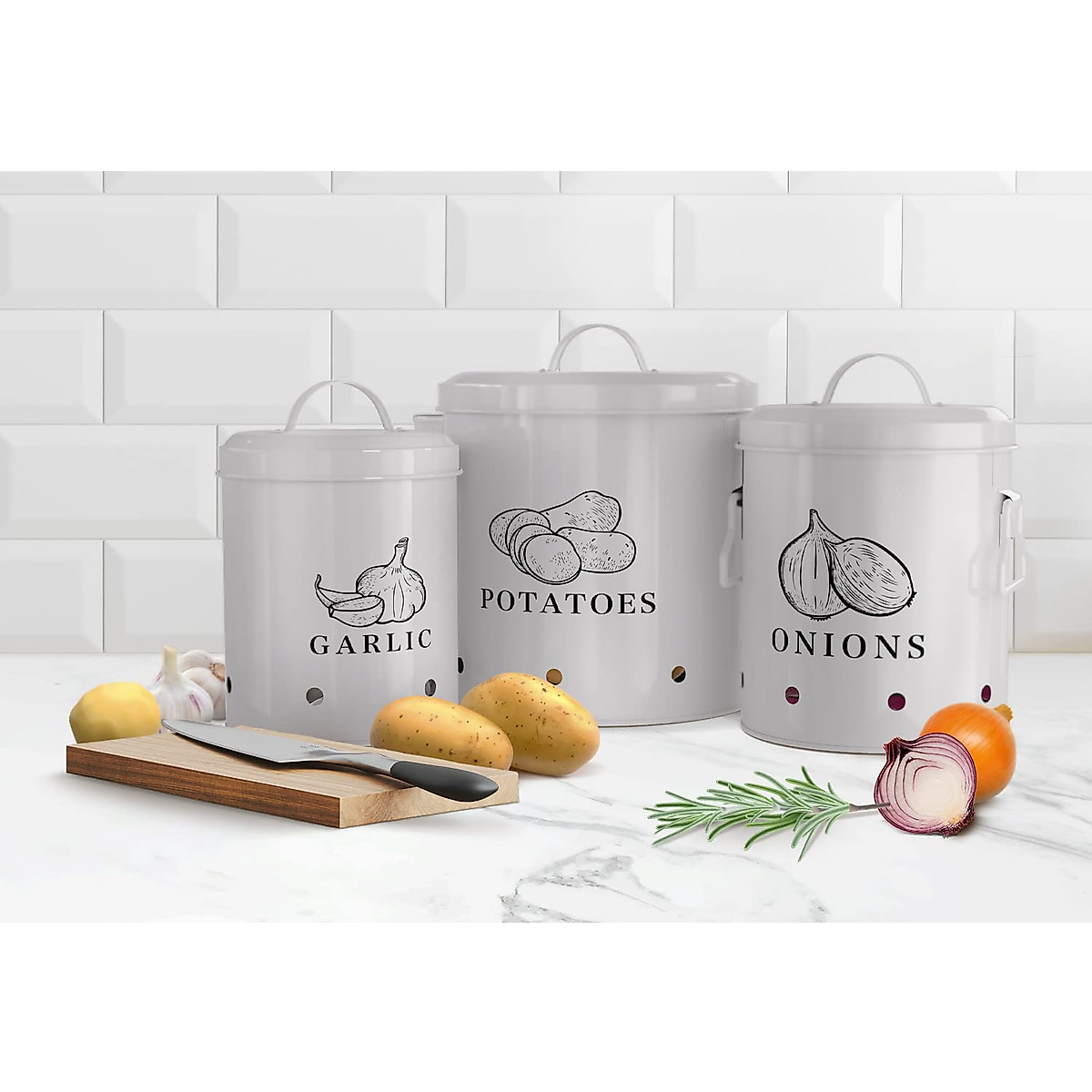 KooK Potato, Onion & Garlic Kitchen Storage Canisters, Rustic Farmhouse Containers with Aerating Holes, Vintage Vegetable Tins, Set of 3, 5 Liter, 2 Liter & 1 Liter (Slate Grey)