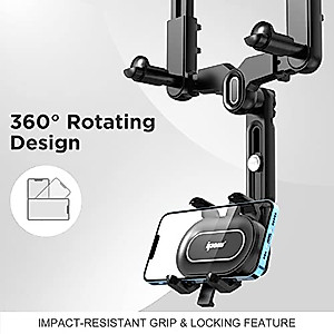IPOW Large Rearview Mirror Phone Holder for Car 360°Rotatable and Retractable, 2022 Upgraded Four Corners Fixed Anti-Shake Multifunctional Design for All Phones and All Car Rearview Mirror with Button