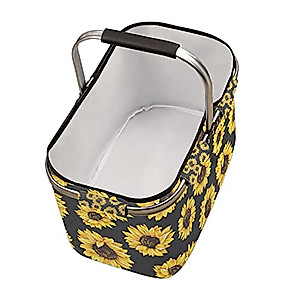 Collapsible Market Basket Sunflower, 36L Large Picnic Basket, Portable Shopping Basket with Aluminum Handles for Storage Grocery, Travel, Camping