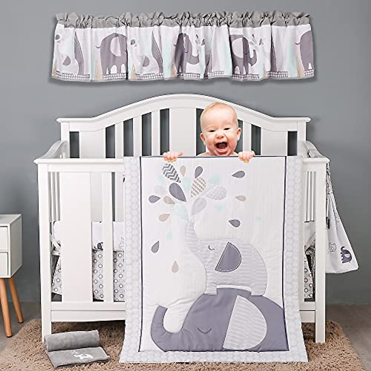 Brandream Playful Elephant Baby Boys and Girl Nursery Crib Bedding Sets 6 Pieces, Grey&Mint