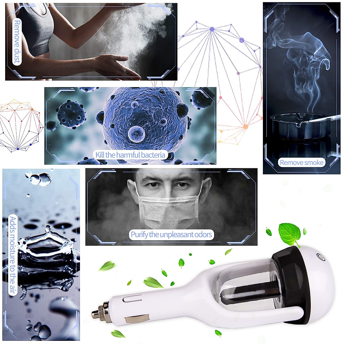 FPVERA Car Humidifier, Car Air Purifier Aroma Diffuser, Car Air Freshener Purifier Aromatherapy Mist Maker Suit for Vehicle Automobile Gift Water Soluble Essential Diffuser