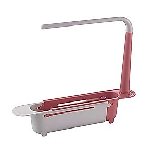 Kuniofaov Telescopic Sink Rack Holder Telescopic Sink Storage Rack Adjustable Drainer Sink Tray Sponge Soap Holder with Dishcloth Hanger Expandable Storage Drain Basket for Home Kitchen (Pink)