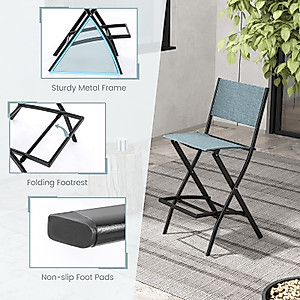 Tangkula Outdoor Barstools Set of 2, Counter Height Folding Bar Chairs with Back and Footrest, Versatile Patio Dining Chairs with Breathable Fabric & Heavy-Duty Metal Frame (2, Bluish-Grey)
