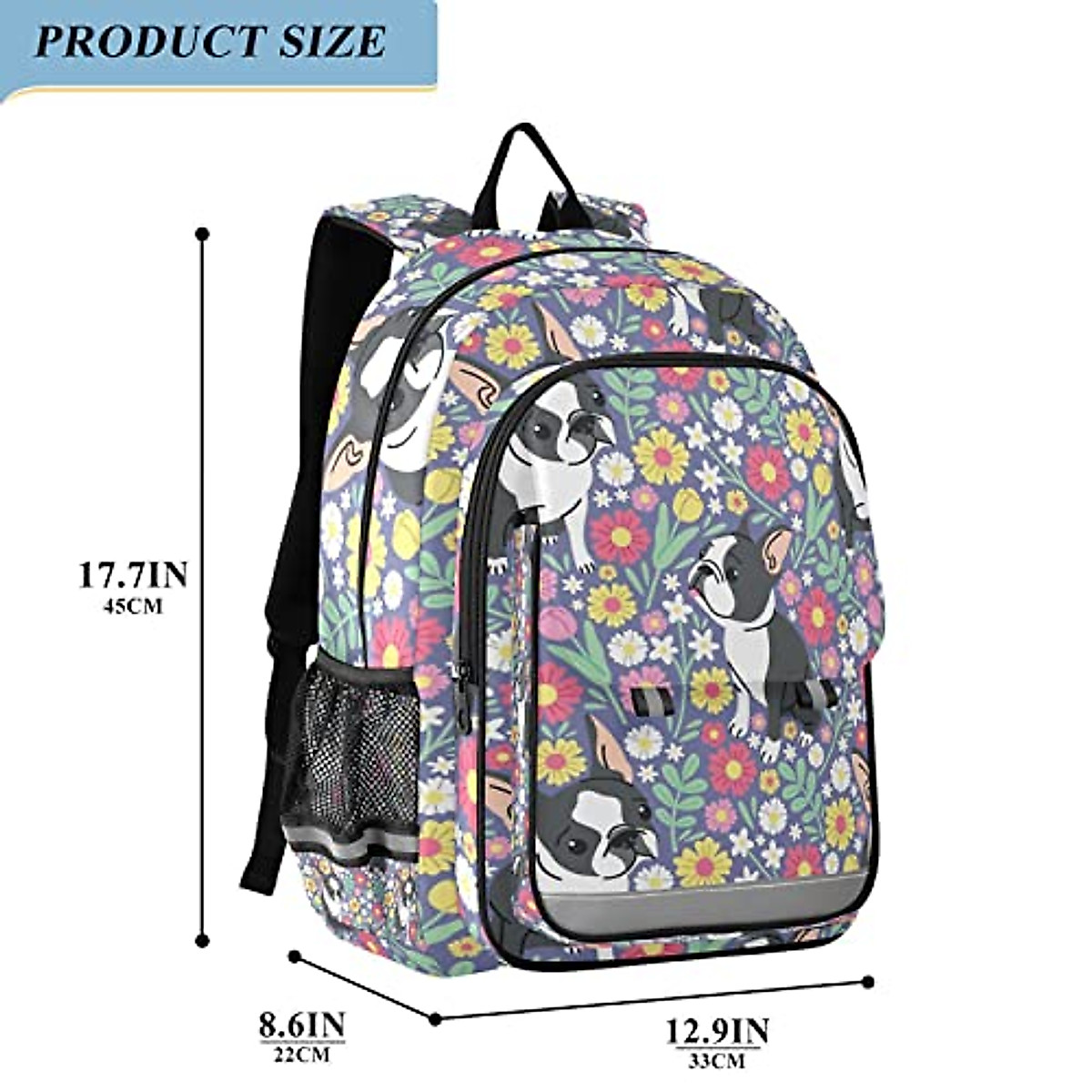 Glaphy Cute French Bulldog Floral Backpack School Bag Lightweight Laptop Backpack Student Travel Daypack with Reflective Stripes