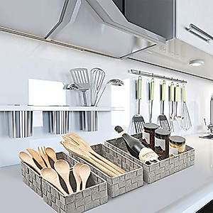 ELONG HOME Woven Basket, Handmade Small Storage Basket with Durable Metal Frame, Woven Storage Basket for Organizing, Set of 4, Grey