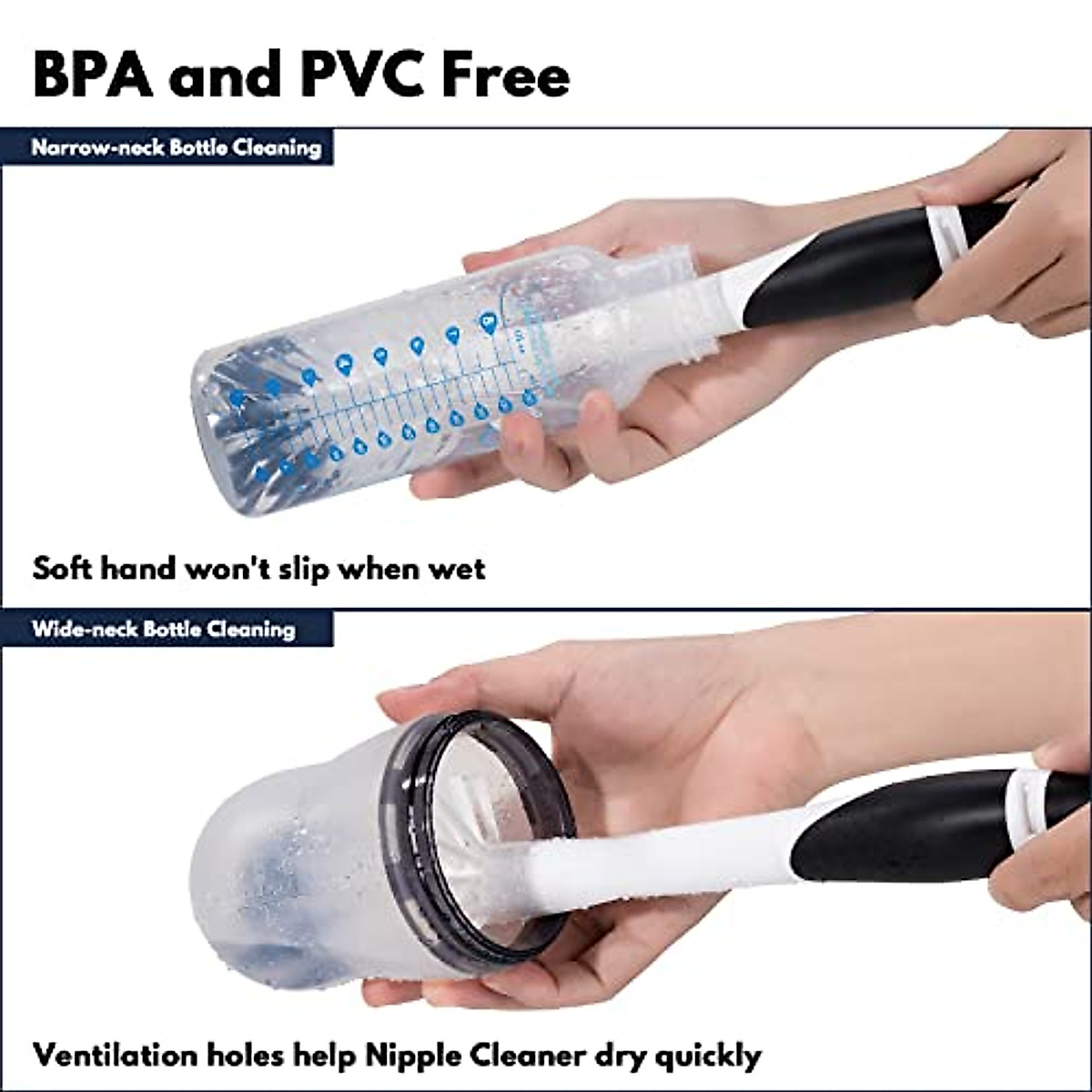 Jumperlay Baby Bottle Brush with 1 Pack Nipple Brush and 2 Pack Straw Cleaner Brushes, Baby Bottle Cleaning Brush Set with Suction Cup Stand and A Hidden Mini Brush, Black