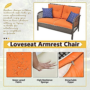 PHIKOOVA 6-Piece Wicker Patio Conversation Furniture Sets w/ 4 Pillows, Orange Outdoor Patio Furniture Set w/Table, All Weather PE Rattan Porch Outdoor Chairs, Brown Wicker/Orange Cushions