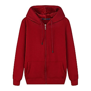 Maiyifu-GJ Men Full Zip Long Sleeve Hoodies Fleece Slim Fit Solid Color Hoodie Winter Warm Hooded Sweatshirt With Kanga Pocket (Red 2,Large)