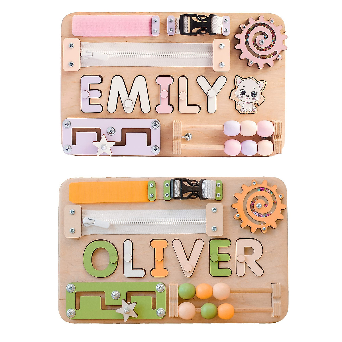 Name Puzzle Busy Board Custom Personalized Baby Gift Wooden Montessori Toys Learning Sensory Board Toddler Toys Fidget Zipper Buckle Plane Car Travel Boy Girl Latches Autistic Education Engaging Child