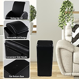 Easymanie 16 L Plastic Garbage Can with Swing Lid, Black Kitchen Slim Trash Can