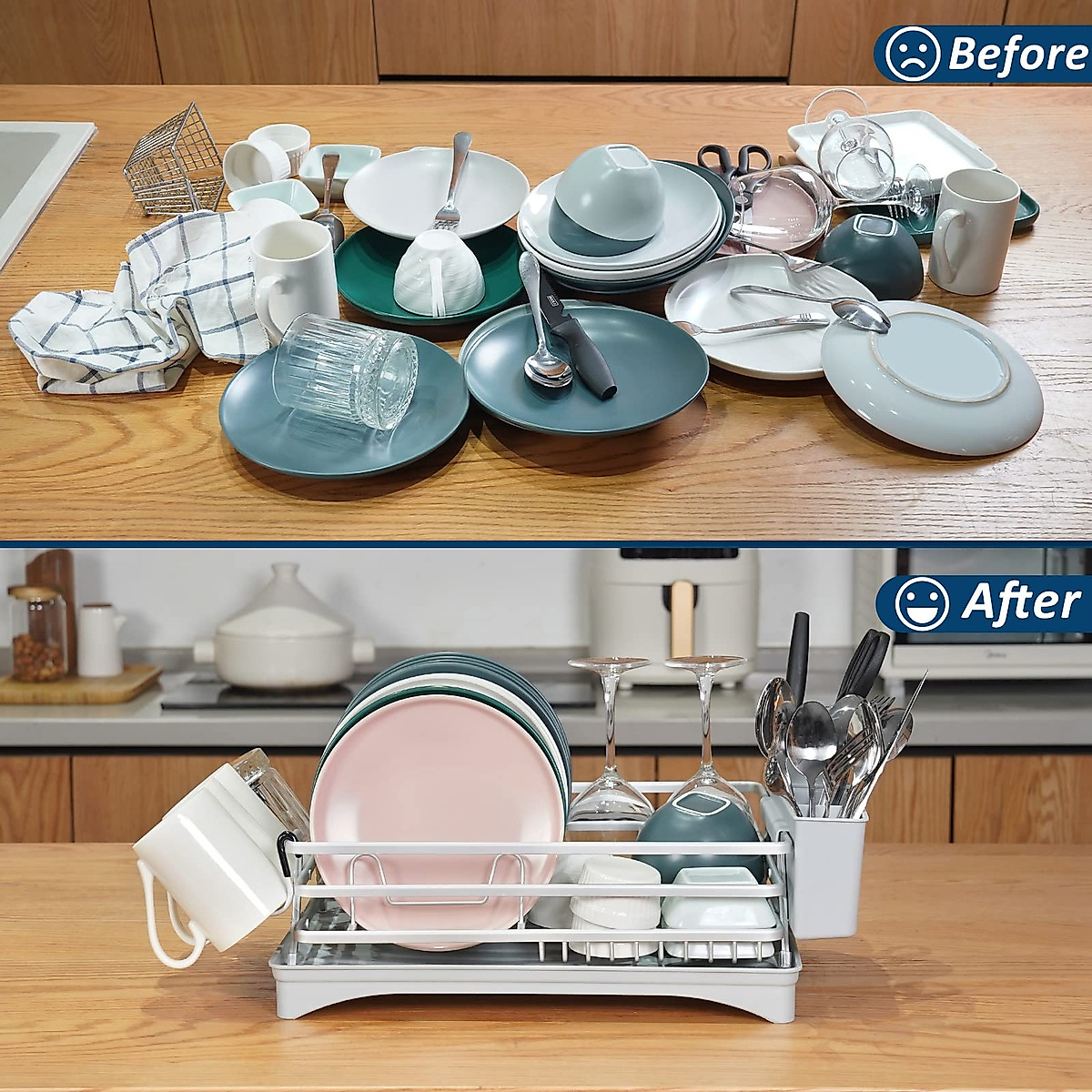 HIPPIH Dish Racks for Kitchen Counter, Dish Drying Rack with Drainboard Aluminum Compact Rustproof Dish Drainer with Adjustable Swivel Spout and Removable Utensil Racks