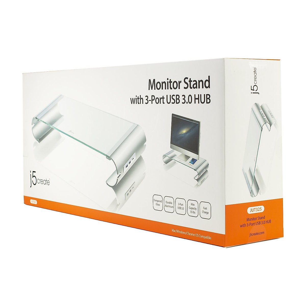 j5create Monitor Stand with 3-port USB 3.0 HUB JUT325 | Aluminium Legs and Clear Tempered Glass Monitor Riser | Compatible with iMac/Windows/Chrome/Linux Laptop, Macbook