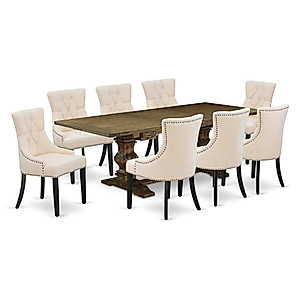 East West Furniture LAFR9-71-02 9 Piece Dining Room Table Set Includes a Rectangle Kitchen Table with Removable Leaf and 8 Light Beige Linen Fabric Parson Chairs, 42x92 Inch, Jacobean