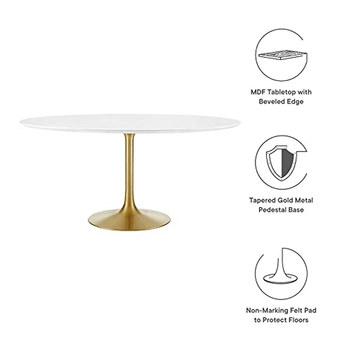 Modway Lippa 60" Mid-Century Modern Dining Table with Round White Top and Pedestal Base in Gold White