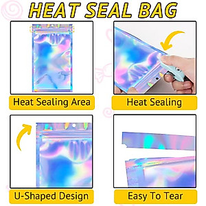 TIFICAL 100 PCS Smell Proof Bag, Holographic Bags Packaging Bags for Small Business, Foil Freshies Bags for Food Storage, Sample Bags Resealable Bags for Eyelash, Jewelry, Lip Gloss