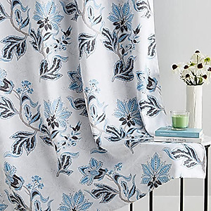 Blue White Blackout Curtains for Bedroom Living Room 84inch Long Floral Vine Leaf Curtain Panels Triple Weave Thermal Insulated Curtain Drapes 50" W 2 Panels