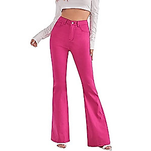 SweatyRocks Women's Casual Denim Pants Heart Print High Waist Stretchy Bell Bottom Flared Jeans Hot Pink S