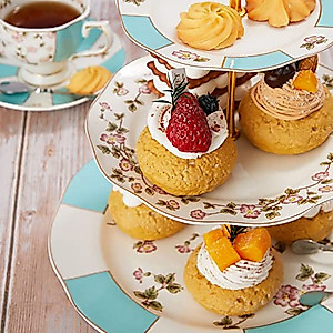 MOSTDEN 3-Tier Ceramic Cake Stand Cake Stand/Cupcake Stand/Dessert Stand/Tea Party Pastry Serving Platter/Food Display with A Serving Tong (Blue)
