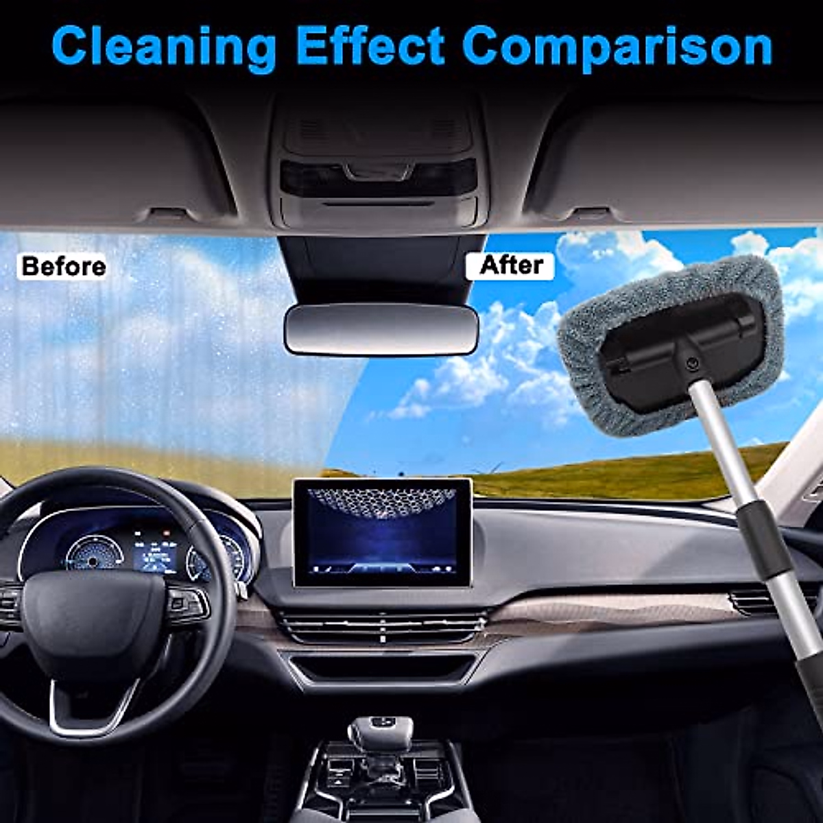 Windshield Cleaning Tool, Auto Window Cleaner, Extendable Detachable Handle with 4 Reusable and Washable Microfiber Pads, Car & Home Inside Exterior Use
