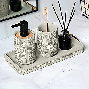 Grey Bathroom Accessories Set, Includes Ceramic Bathroom Soap Dispenser, Toothbrush Holder, Soap Dish and Concete Tray