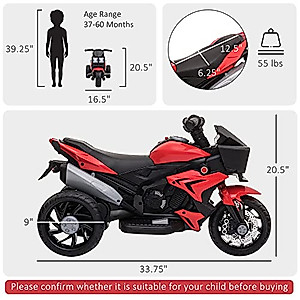 Aosom 6V Kids Motorcycle Ride-on Toy for Toddlers and Up to 8 Years Old, High-Traction Battery-Operated Ride-on Vehicle, Mini Motorbike for Kids, Red