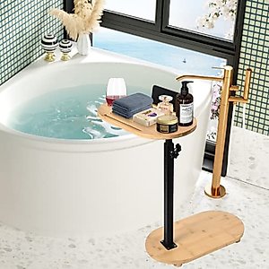 Bamboo Bathtub Tray Table, 15.7 inch Bath Tray, Bath Caddy Tray with Adjustable Height,Bathtub Tray Bracket with Wine Glass Phone Holder for Luxury Bathtub Home Spa Bathtub Accessories…