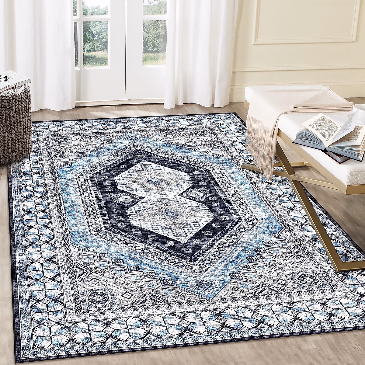GarveeHome 8x10 Washable Area Rug Boho Living Room Rug Non-Slip Nursery Rug Low-Pile Retro Carpet Print Distressed Rug for for Laundry Dining Room Office, Blue/Grey