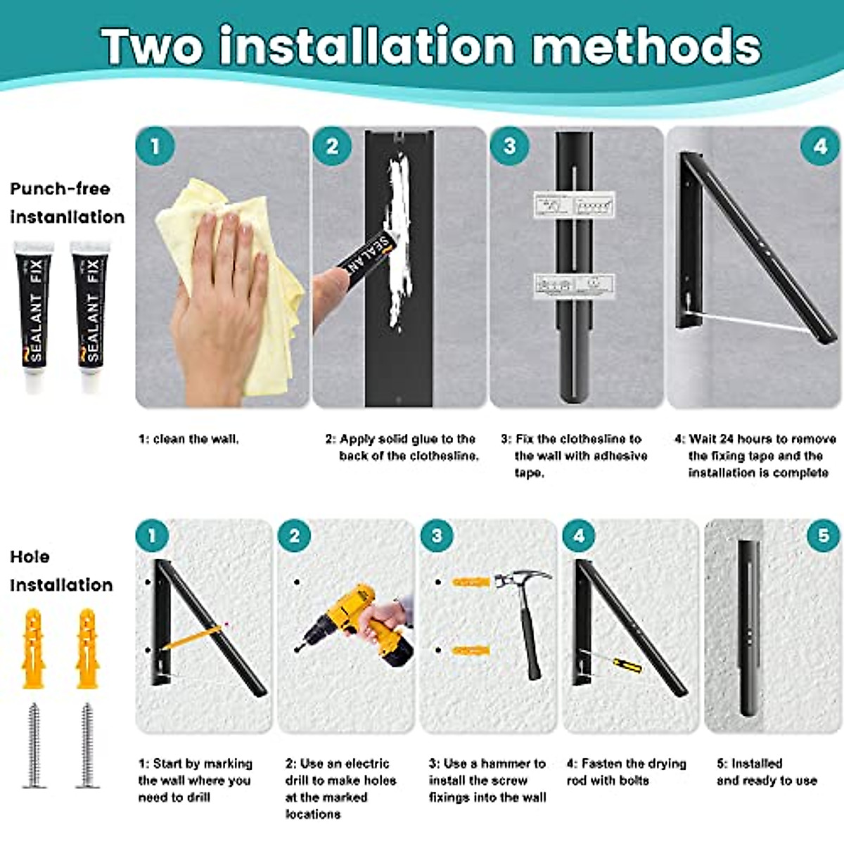 Vaselin Invisible Clothes Drying Rack, Retractable Clothes Drying Rack, Wall Mounted Clothes Drying Rack, for Laundry Room Space 13.7 x 1.85x 0.51inches