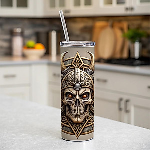 Norse Viking Symbols With Skulls Skinny Tumbler 20oz with Straw Insulated Water Bottle Gift