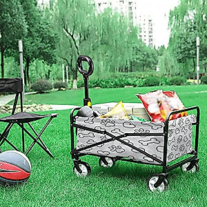 Collapsible Wagon Cart Pet Dog Footprints Heart and Bone Black Outline on a White Seamless Foldable Utility Wagon Large Capacity Garden Cart with Push Bar for Beach Camp Outdoor Shopping