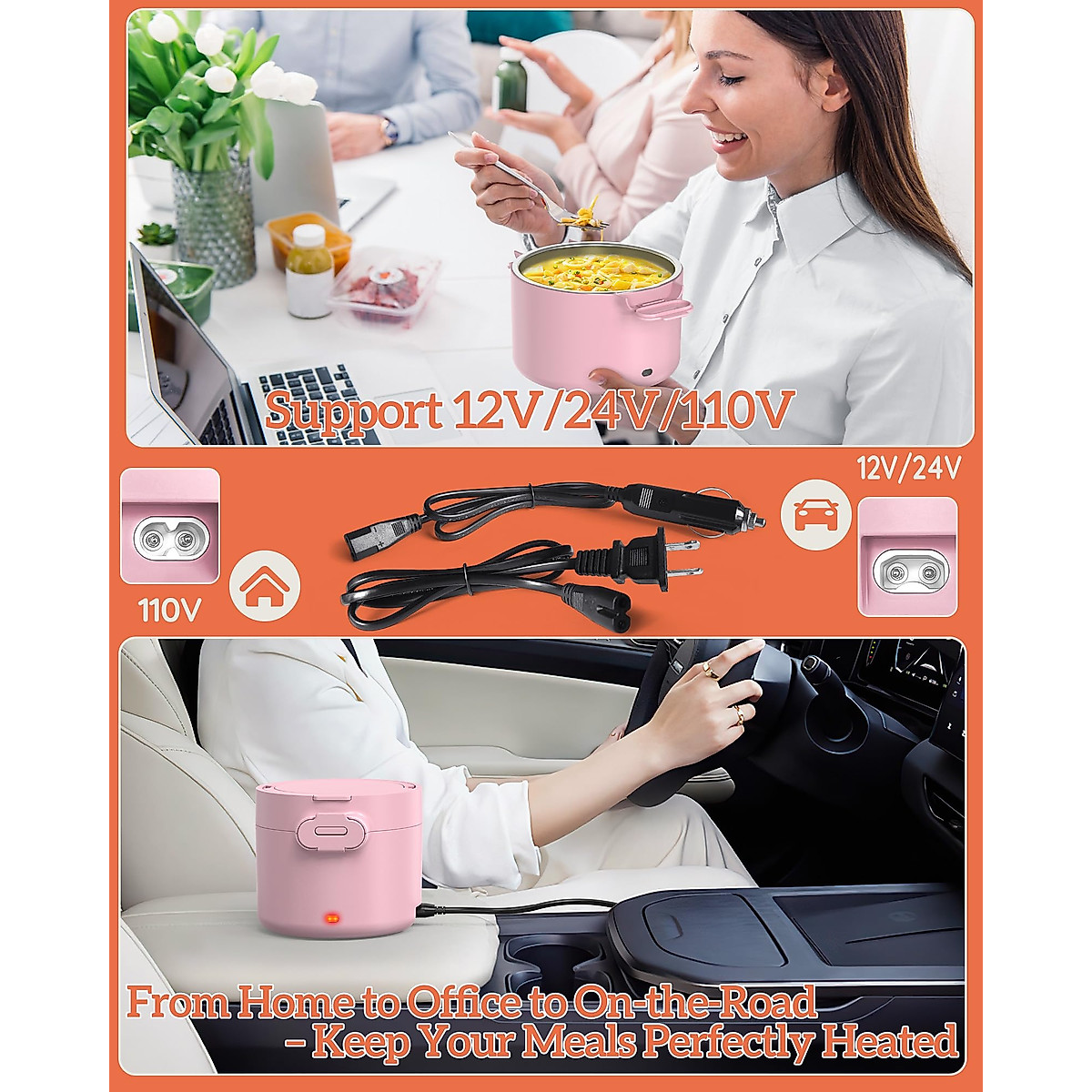 CDBEEE Electric Lunch Box for Adults,33 oz Lunch Warmer 100W Heated Lunch Box 12/24/110V Leak-proof,Portable Food Warmer for Work,Travel, home,Office,On-the-Go,Lonchera Eléctrica Portátil (Pink)