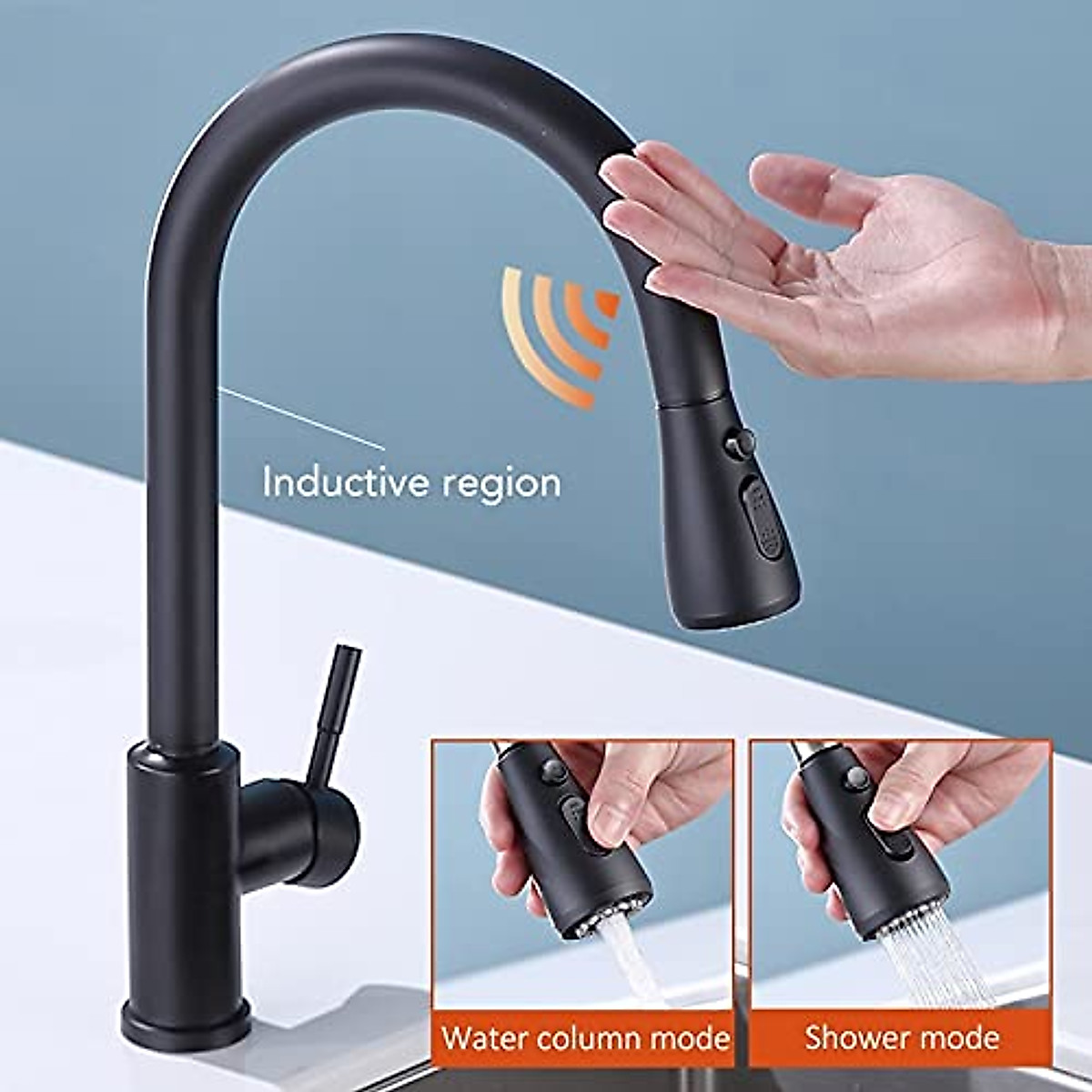 Kitchen Sink Faucet for Bar Farmhouse Commercial, High-end Touch Kitchen Faucets, Pull Out Black Kitchen Mixer Tap, Sensor Faucet, Swivel 360 Degree Hot and Cold Water Taps (Color : Black)