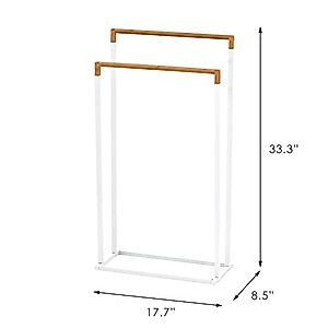 ikloo 33 Inch 2-Tier White Metal Freestanding Bathroom Towel Rack Stand with Bamboo Wood Bar, Laundry Room Drying Rack Holder, Bathroom Storage Organizer.
