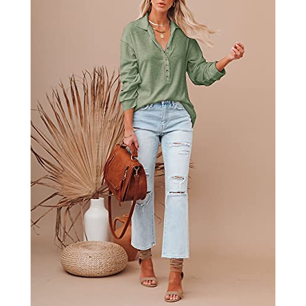 BTFBM Women Casual Button Down V Neck Blouses Long Sleeve Solid Color Stand Collar Knitted Fall Tops Cute Relaxed Fit Shirts(Solid Light Green, Small)