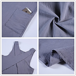 Soft Cotton Linen Apron Solid Color Halter Cross Bandage Aprons Japanese Style X Shape Double Pockets Round Skirt Kitchen Cooking Clothes Chef Summer Fit (Navy Blue)