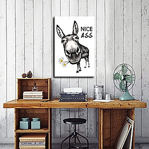 Nice Ass Funny Donkey Poster Farmhouse Bathroom Canvas Wall Art Sign Decor Black White Butt Daisy Picture HD Print Room Living Room Decor Picture (UnFramed,16×24inch)