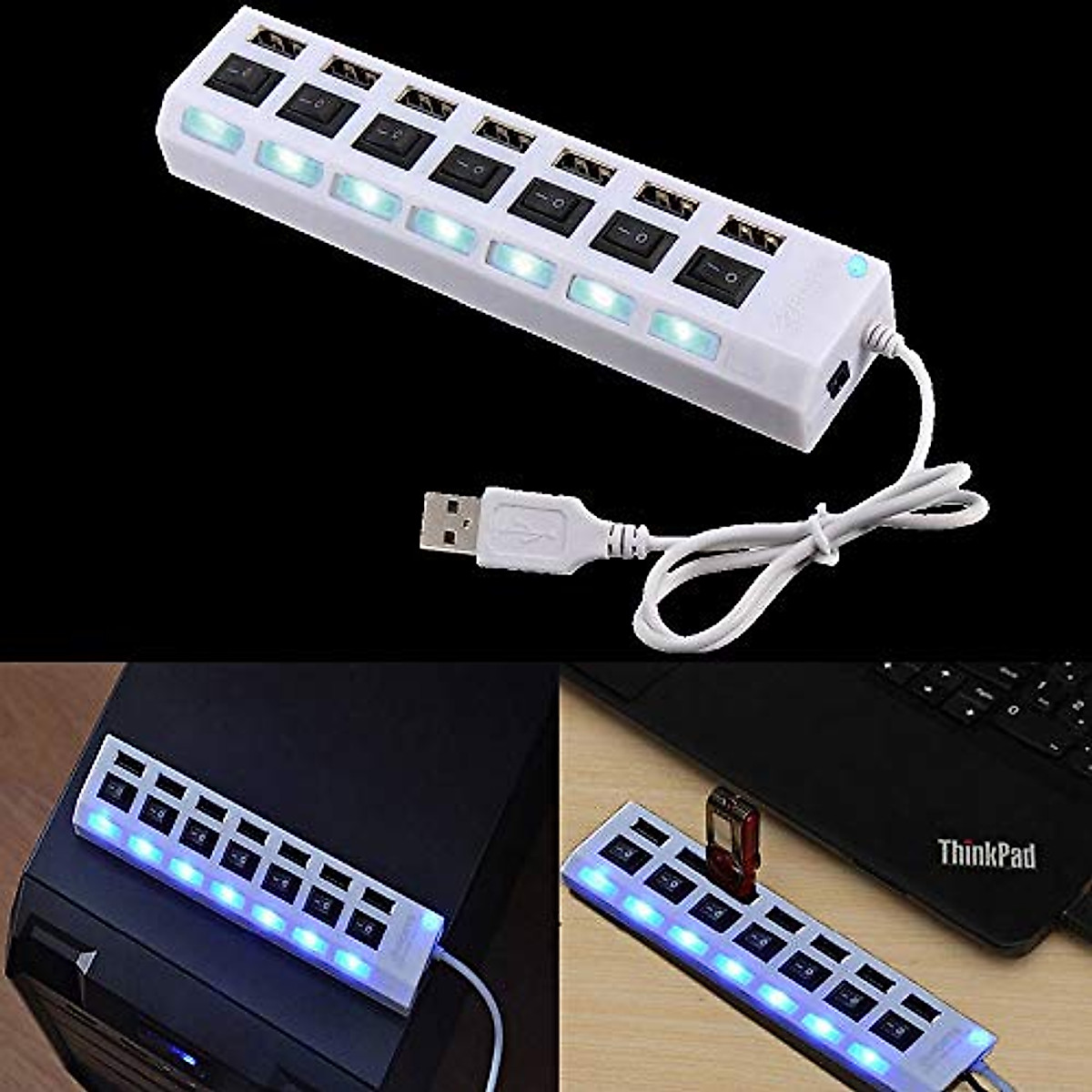 Lysee Data Cables - 7 Port USB 2.0 3.0 HUB Multi USB Splitter with Power On/Off Switch High Speed Adapter Cable for PC Laptop Computer FS - (Color: White)