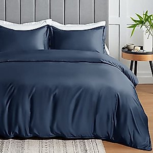 CozyLux 100% Organic Bamboo-Rayon Duvet Cover Queen Set Size Navy 3PCS 300TC Luxury Comforter Cover 90" x 90", Oeko-Tex Cooling Duvet Covers with Zipper Closure and Corner Ties,Navy