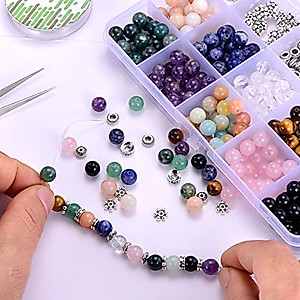 300Pcs Gemstone Round Loose Beads Wholesale Natural Stone Beads with Spacer Beads and Elastic String for Bracelets Jewelry Making