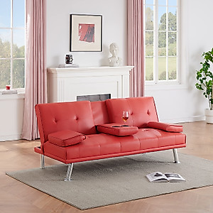 LIADTOP 67" Multifunctional Sofa 2 Cup Holders,Leather Loveseat Sleeper with Removable Armrests,Convertible Folding Couches Bed for Small Spaces,Red