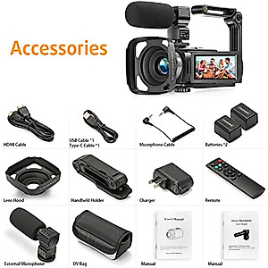 WZX Video Camera Camcorder, Full HD 30FPS 36MP 16X Digital Zoom Digital Camera,IR Night Vision Vlogging Camera, YouTube Camera with External Microphone, Lens Hood, Stabilizer, Remote Control