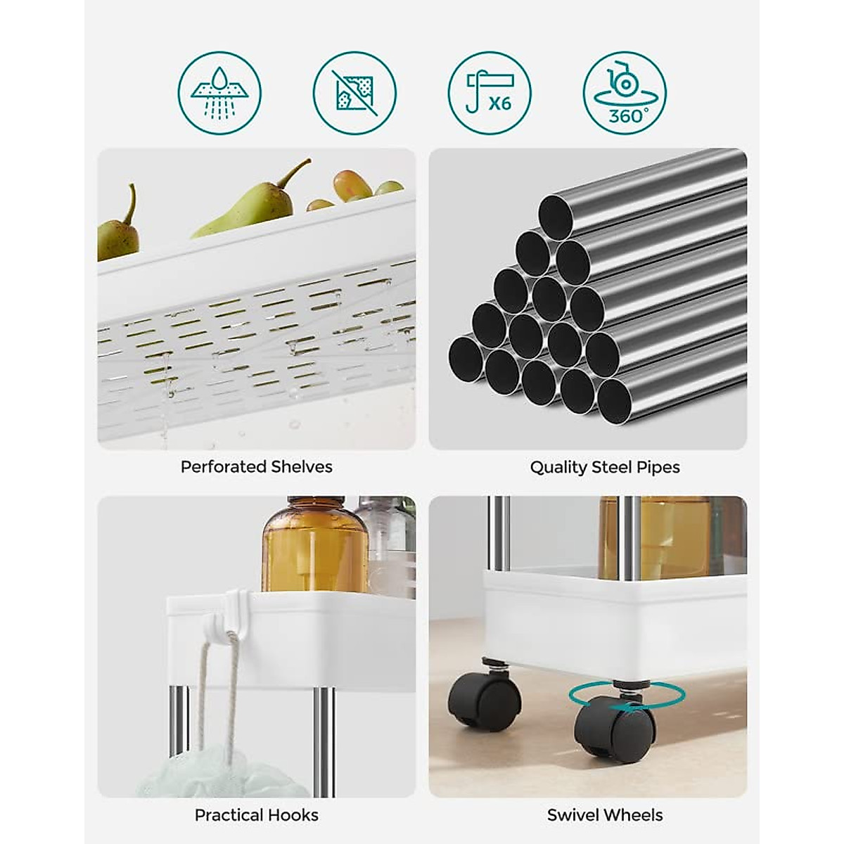 SONGMICS 4-Tier Slide Out Storage Cart, Slim Rolling Cart on Wheels, Slim Storage Cart, Space-Saving Bathroom Storage, Kitchen, Narrow Shelf, 15.7 x 5.3 x 33.9 Inches, White UKSC08WT