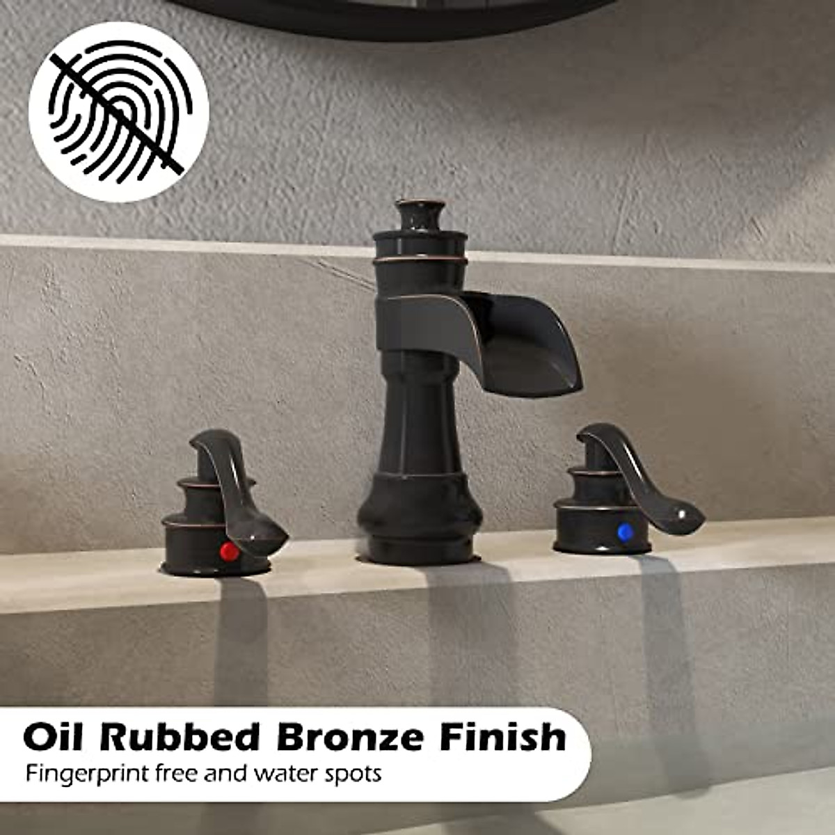 BWE Waterfall Widespread Bathroom Faucet 3 Hole Oil Rubbed Bronze Farmhouse 8 Inch Pop Up Drain Stopper Assembly Overflow Supply Line Lead-Free Faucets Parts Two Handle Bath Vanity Lavatory Sink