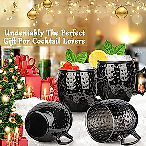 LINALL Moscow Mule Mugs- Set of 4 Gunmetal Black Plated Stainless Steel Mug 18oz, Measuring Cup, Cocktail Picks for Chilled Drinks (4pcs)