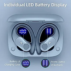 GOLREX Bluetooth Headphones Wireless Earbuds 36Hrs Playtime Wireless Charging Case Digital LED Display Over-ear Earphones with Earhook Waterproof Headset with Mic for Sport Running Workout Sierra Blue