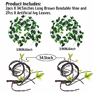 4Pcs Flexible Bend-A-Branch Jungle Vines Terrarium Leaves Lizard Gecko Habitat Tank Decor for Frogs, Snakes and More Reptiles