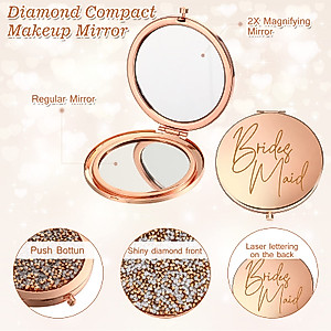 16 Pcs Proposal Gifts Set Compact Pocket Mirrors Bride Maid of Honor Matron of Honor Bridesmaid Diamond Makeup Mirrors with Hair Scrunchies for Wedding Bachelorette Bride Shower Party Bridesmaid Gifts